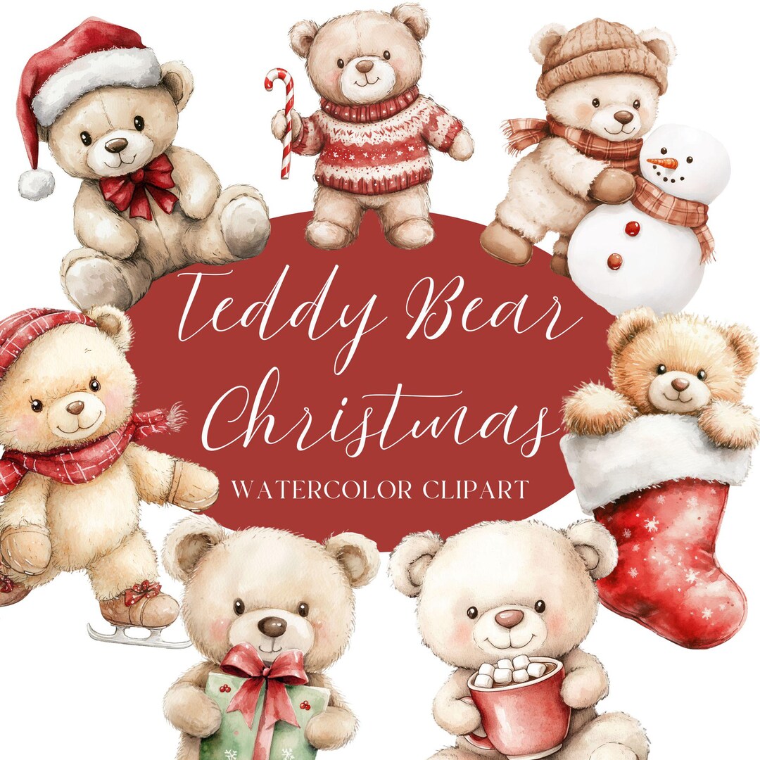 Teddy Bear Christmas Watercolor Clipart - Children's Art - PNG Images ...