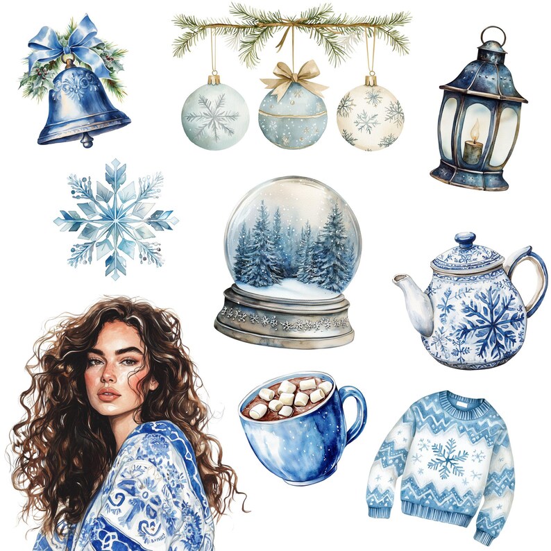 Blue Christmas Clipart - Watercolor Graphics for Personal and ...