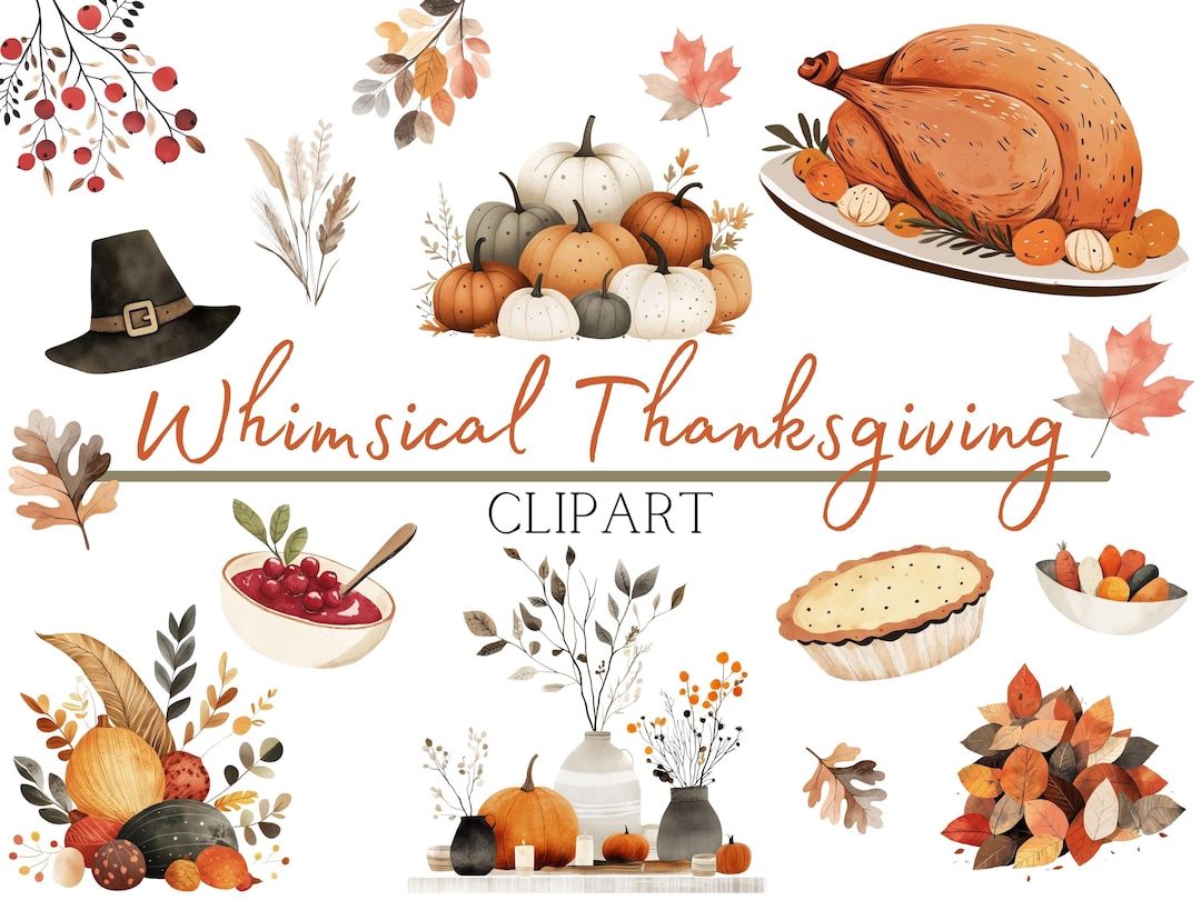 Whimsical Thanksgiving Clipart Set - Cozy Autumn Illustrations - Set of ...