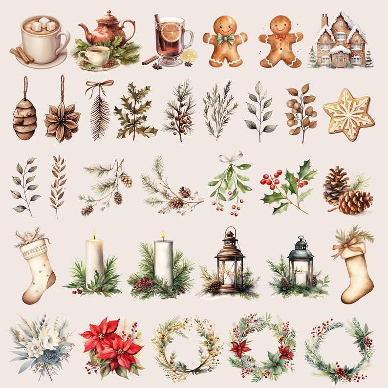 Cozy Christmas Clipart Set - Watercolor Holiday Illustrations - Set of ...