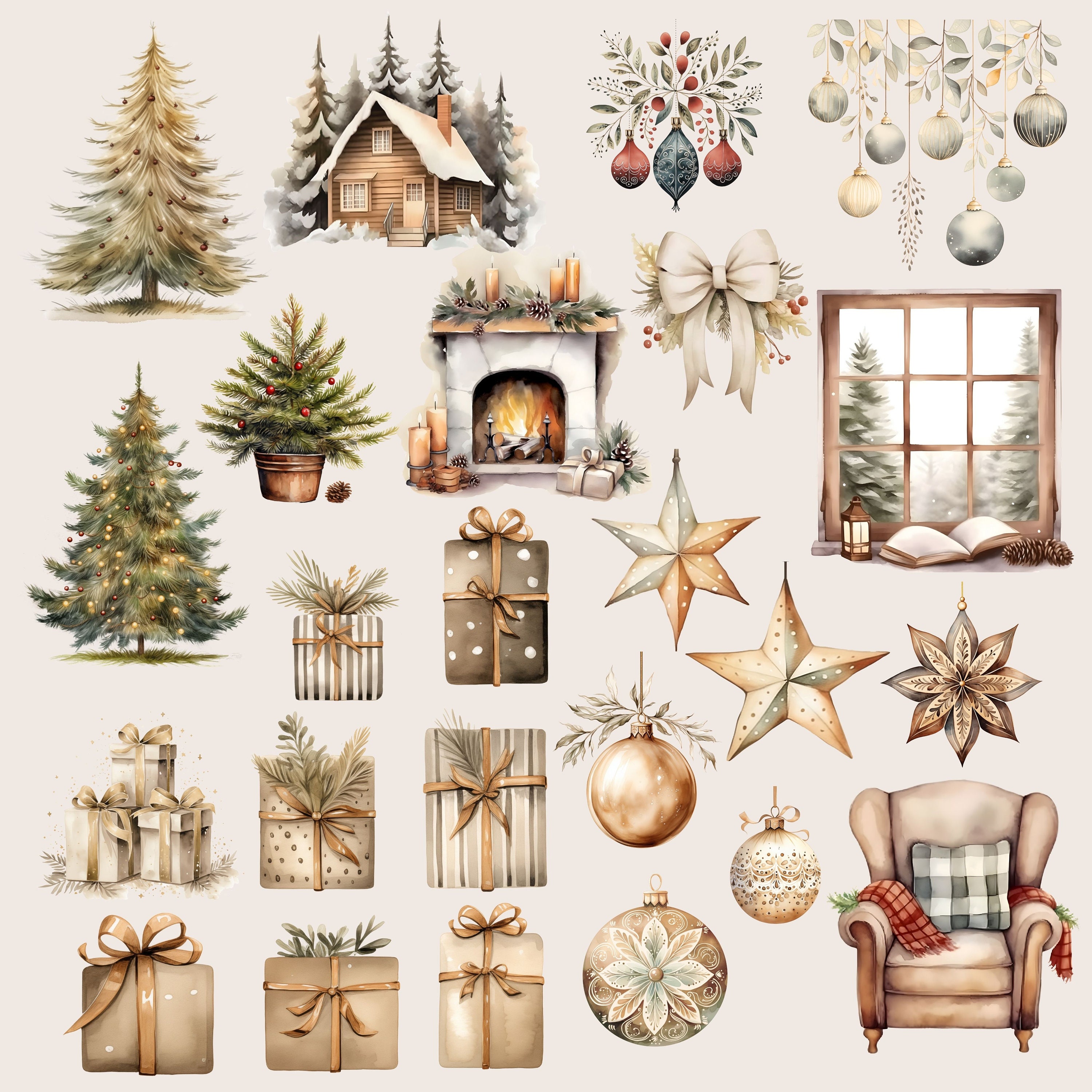 Cozy Christmas Clipart Set - Watercolor Holiday Illustrations - Set of ...