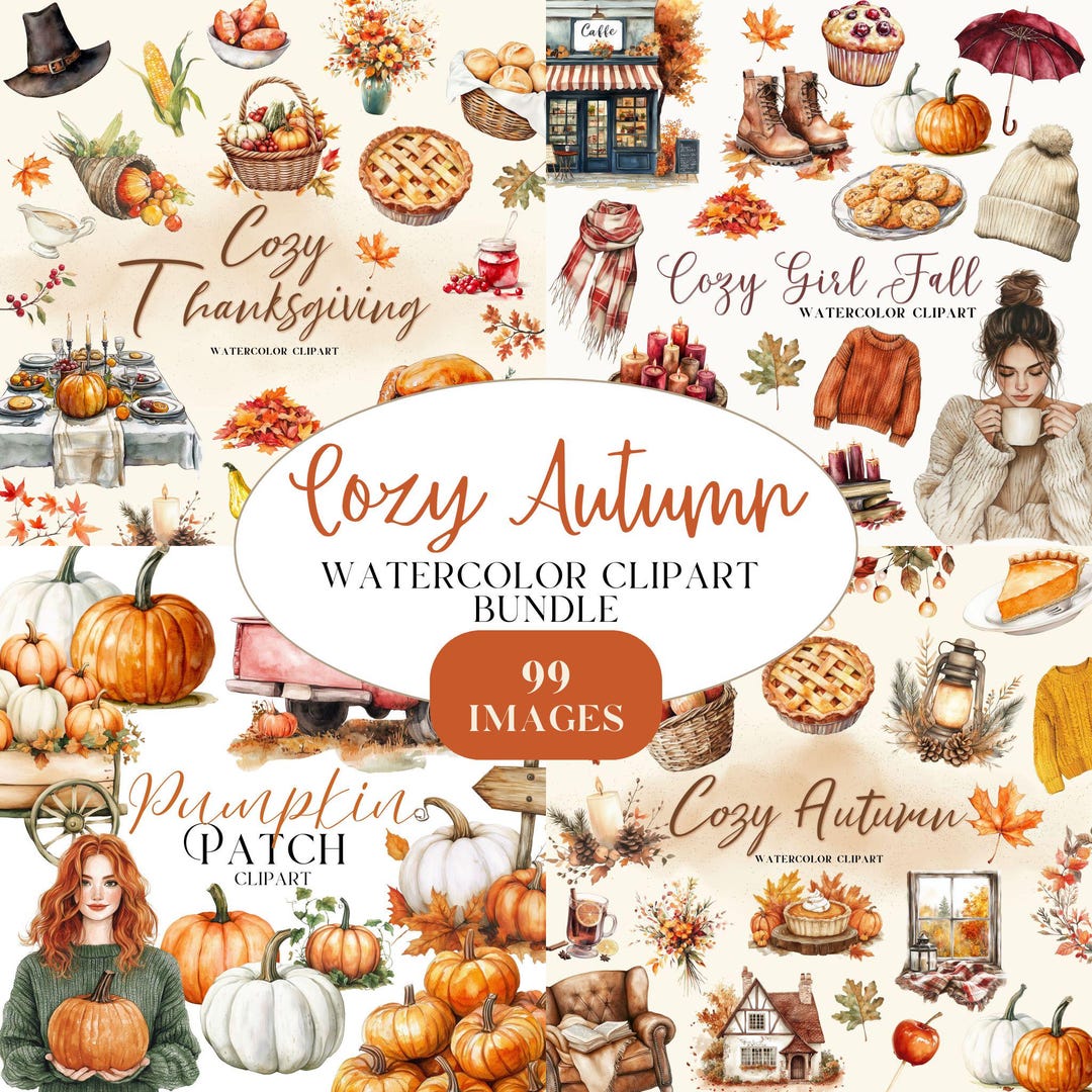 Cozy Autumn Bundle, 4 Clipart Sets, Downloadable PNG Files for Personal ...