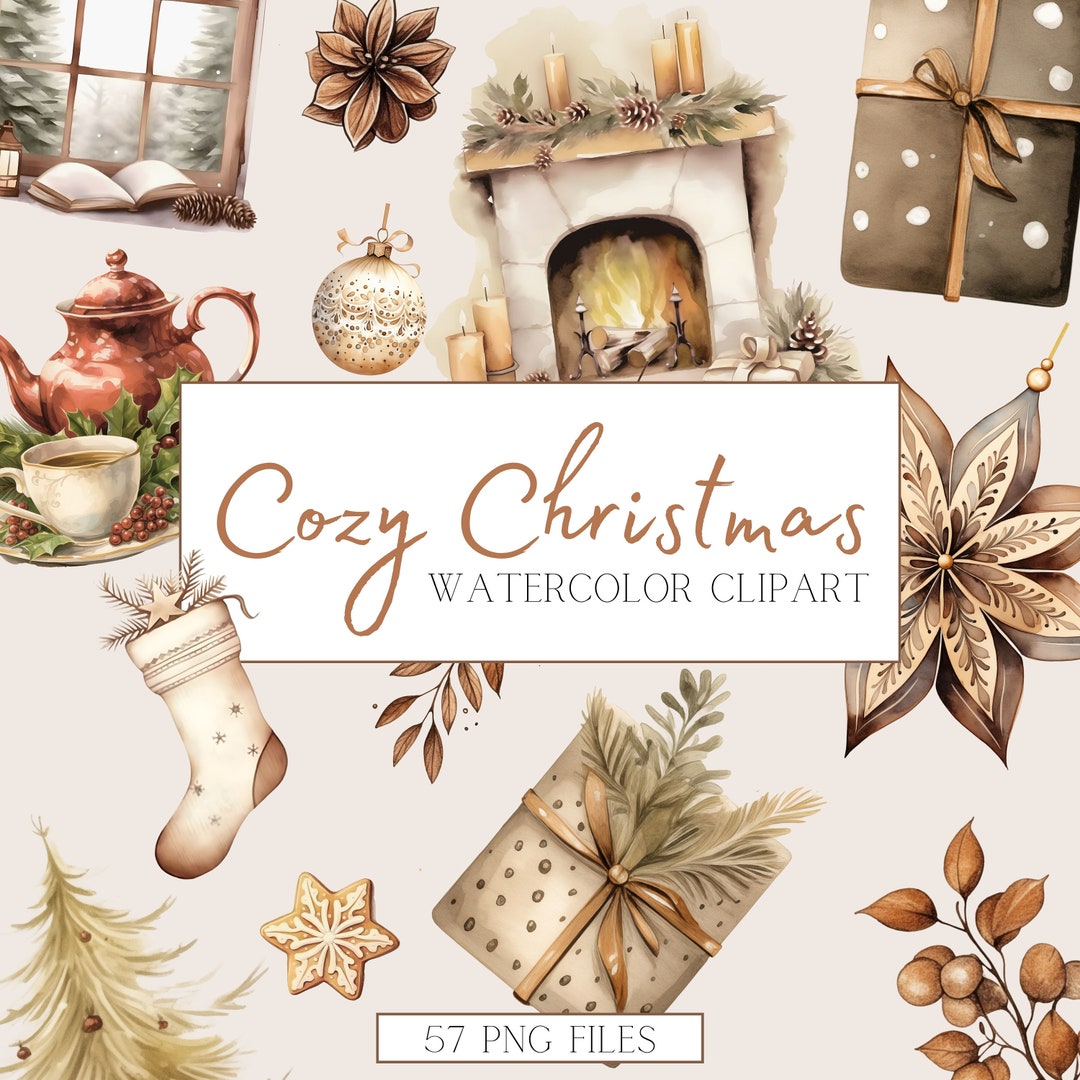 Cozy Christmas Clipart Set - Watercolor Holiday Illustrations - Set of ...