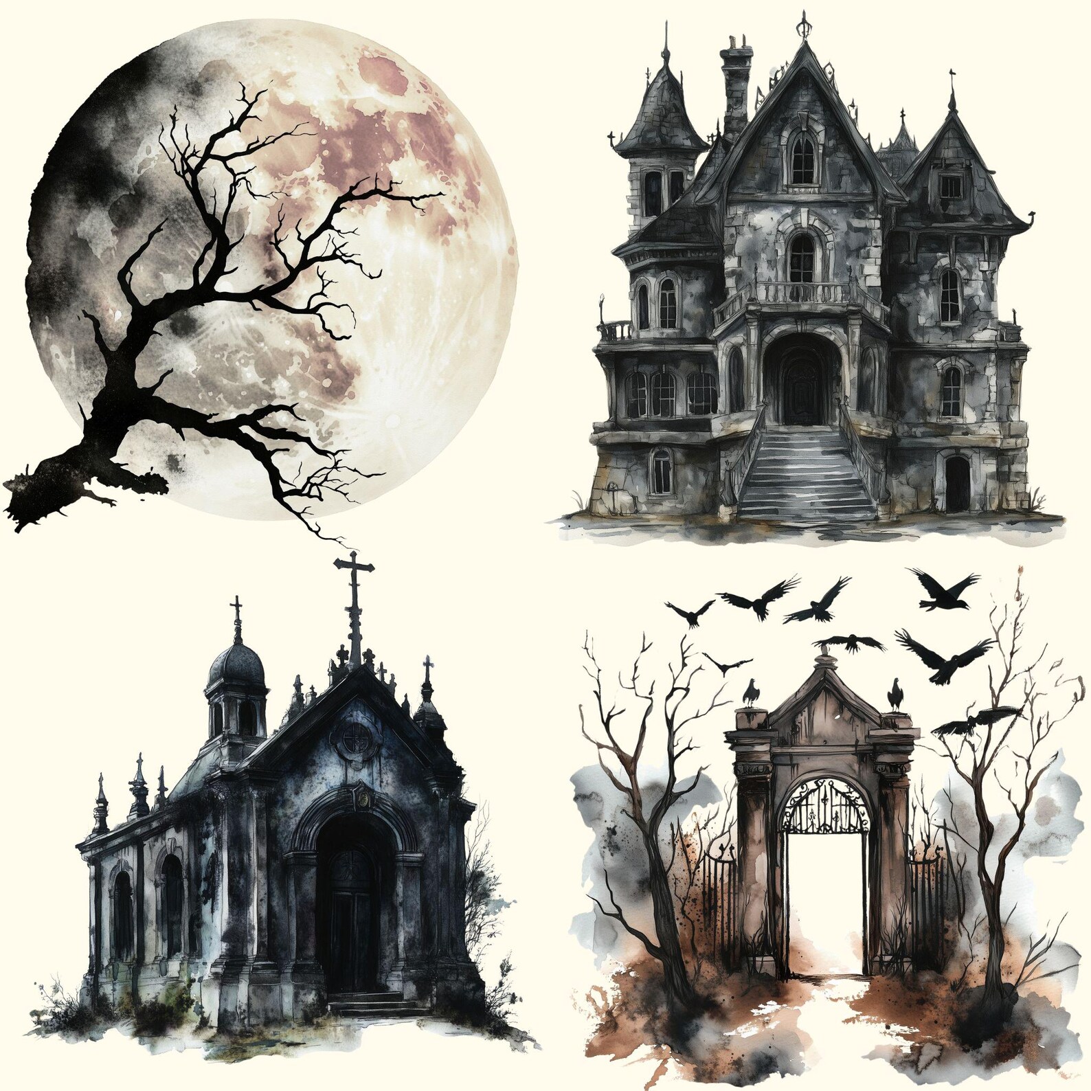 Haunted House Watercolor Clipart - Halloween Clipart - Set of ...