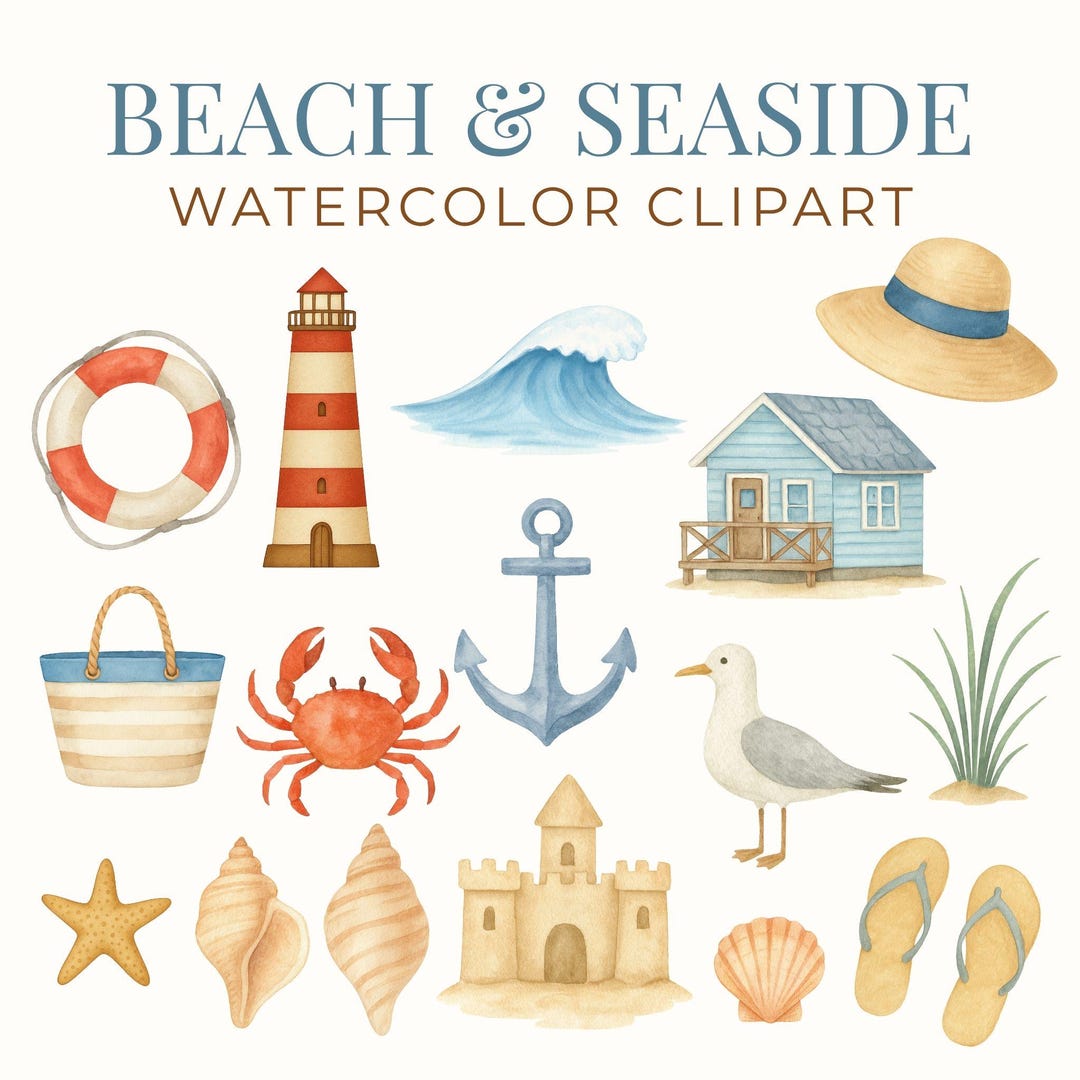 Beach & Seaside Watercolor Clipart Bundle - 16 Transparent PNG Files ...