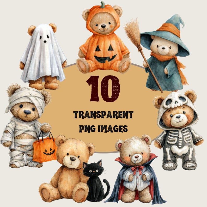 Halloween Bear Clipart Bundle | Watercolor Teddy Bear Pngs | Cute ...