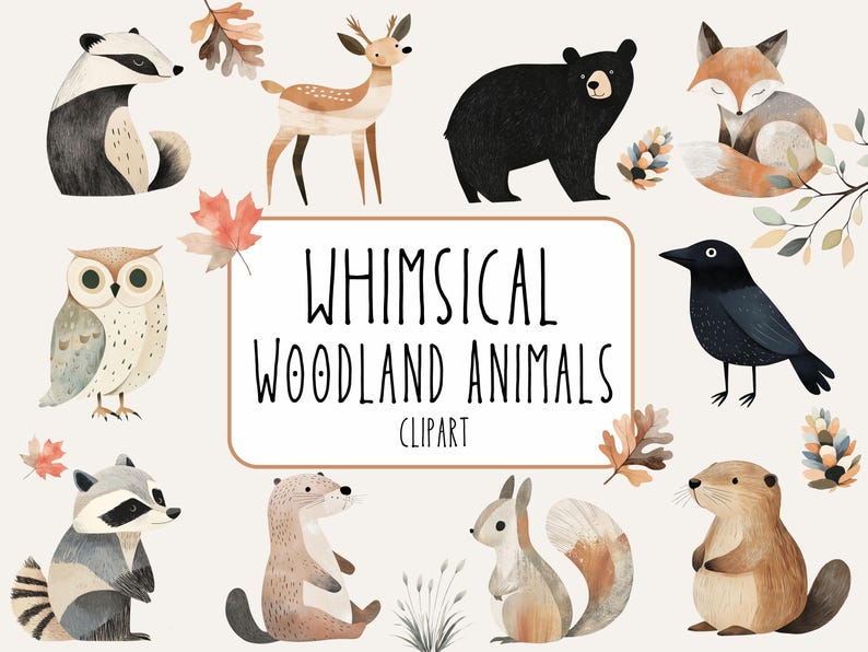 Woodland Animals Clipart Set - Whimsical Illustrations - Set of ...