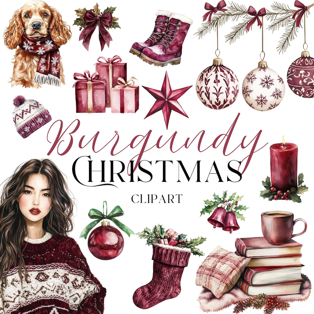 Burgundy Christmas Clipart - Watercolor Graphics for Personal and ...