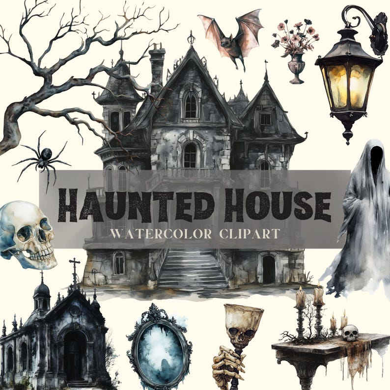 Haunted House Watercolor Clipart - Halloween Clipart - Set of ...