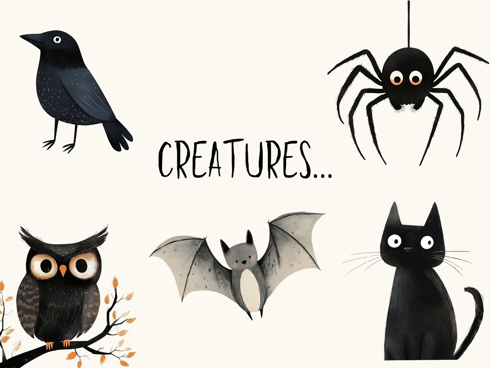 Cute Halloween Clipart Set - Whimsical Illustrations - Set of ...