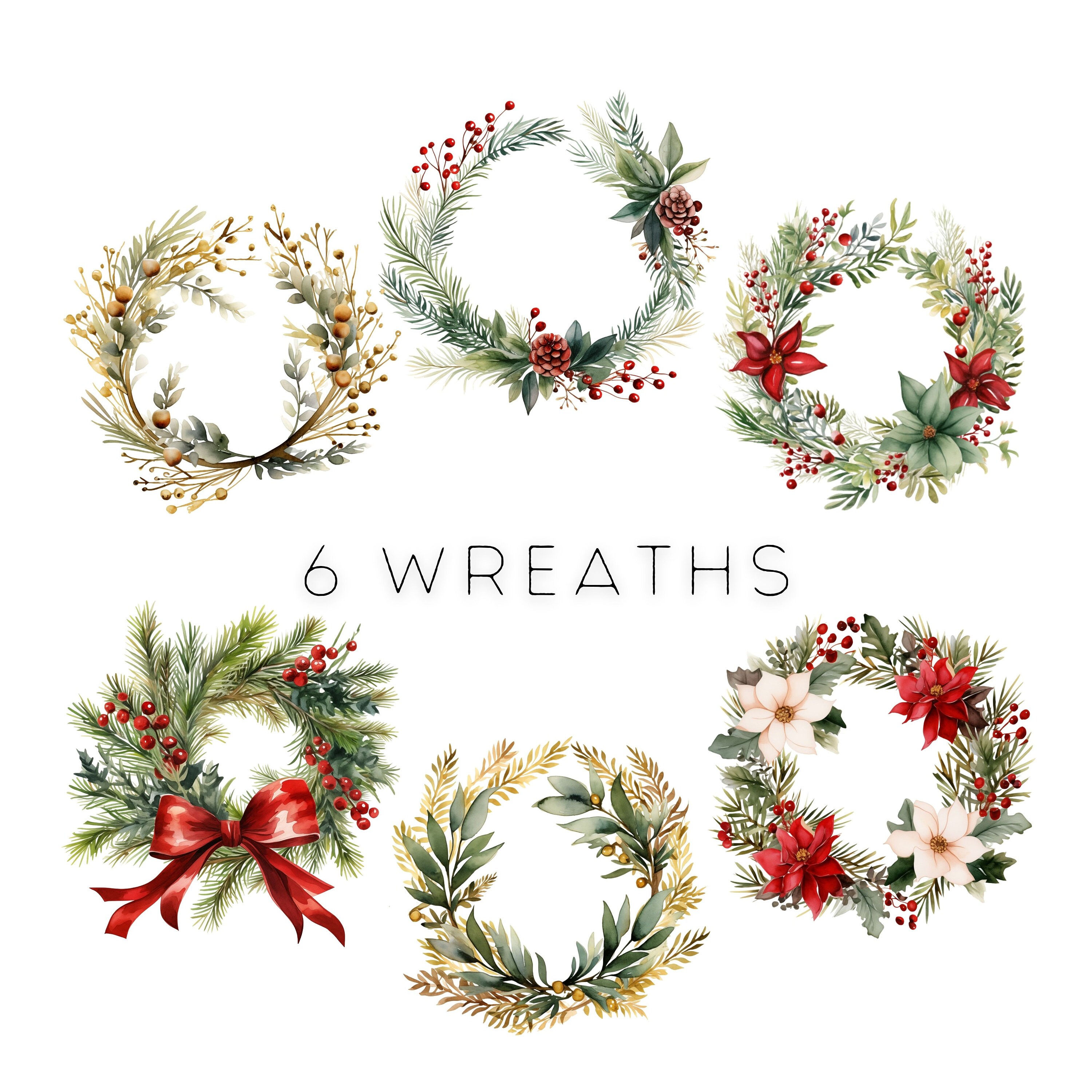 Festive Holiday Wreath Clipart Bundle - Watercolor Style - 6 ...