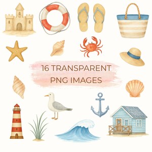 Beach & Seaside Watercolor Clipart Bundle - 16 Transparent PNG Files ...