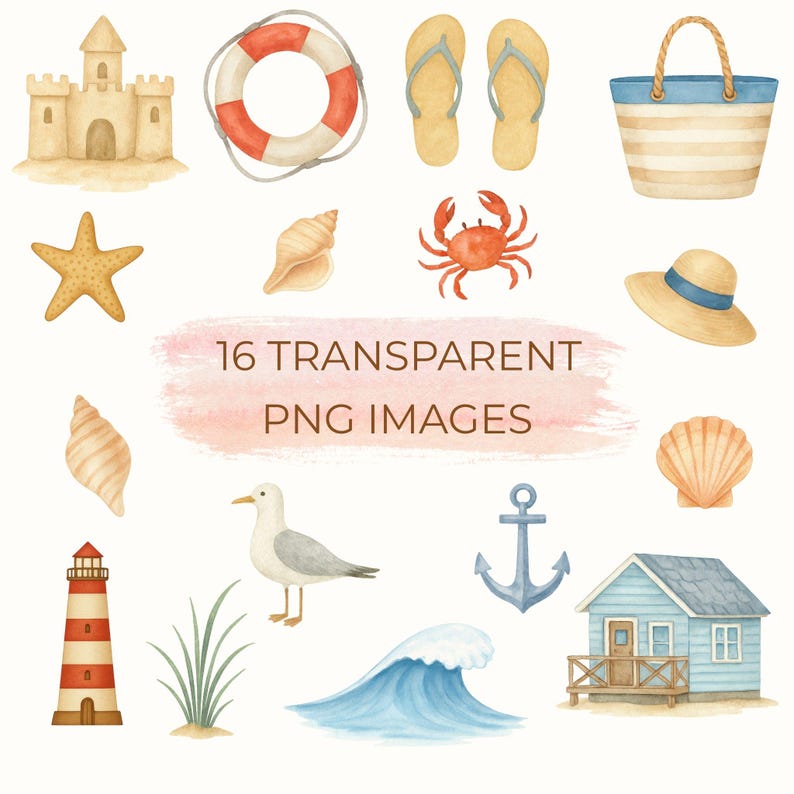 Beach & Seaside Watercolor Clipart Bundle - 16 Transparent PNG Files ...