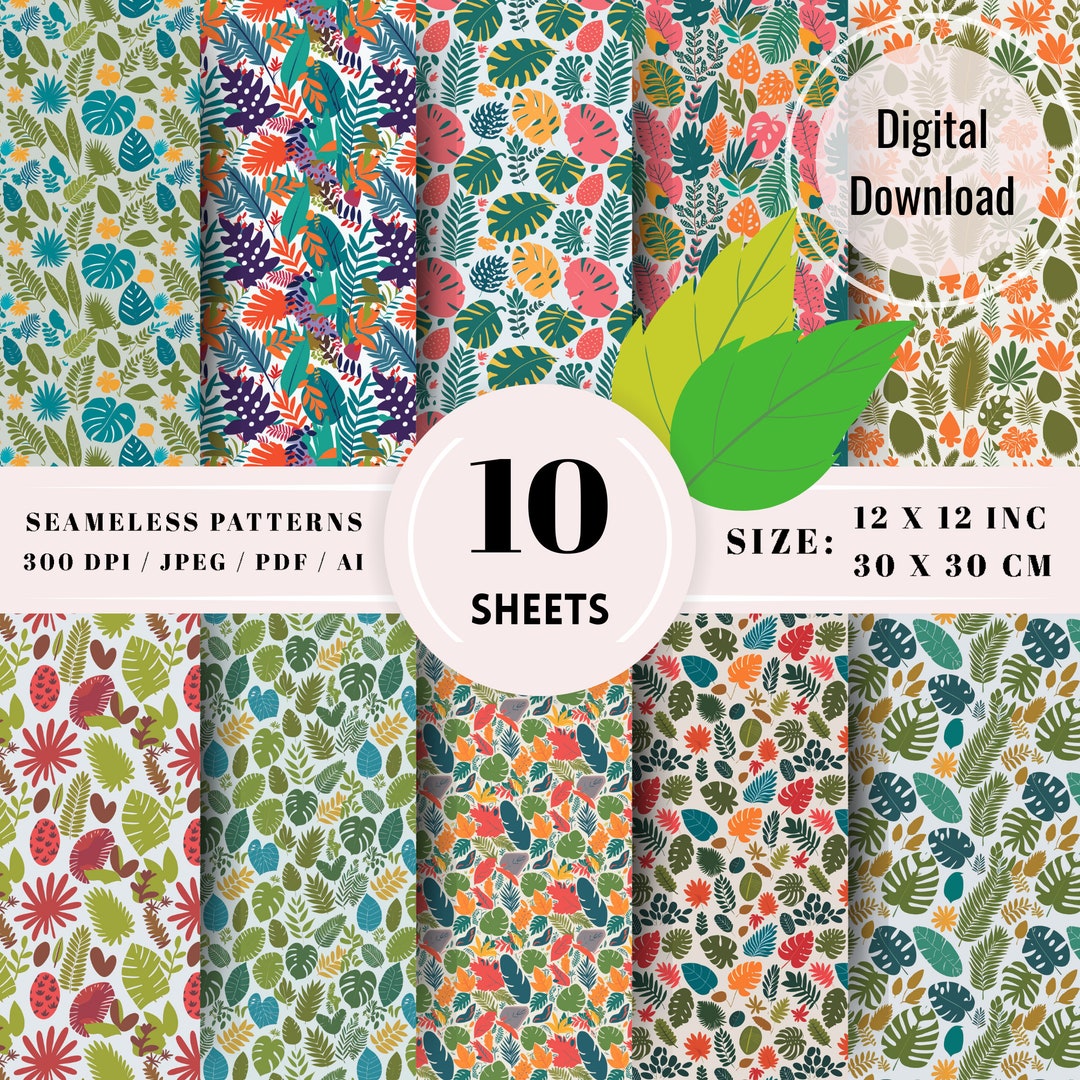 Leaf Pattern Digital Paper Pack Includes 10 Sheets in AI, PDF, and JPEG ...