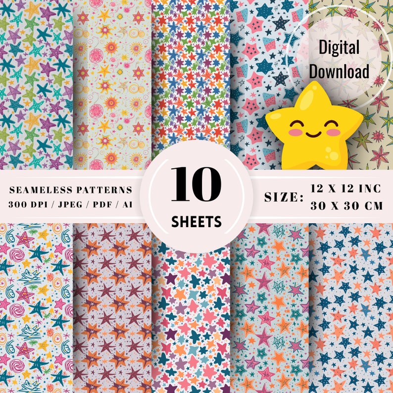 Hand-drawn Star Pattern Digital Paper Pack Set of 10 Sheets in AI, PDF ...