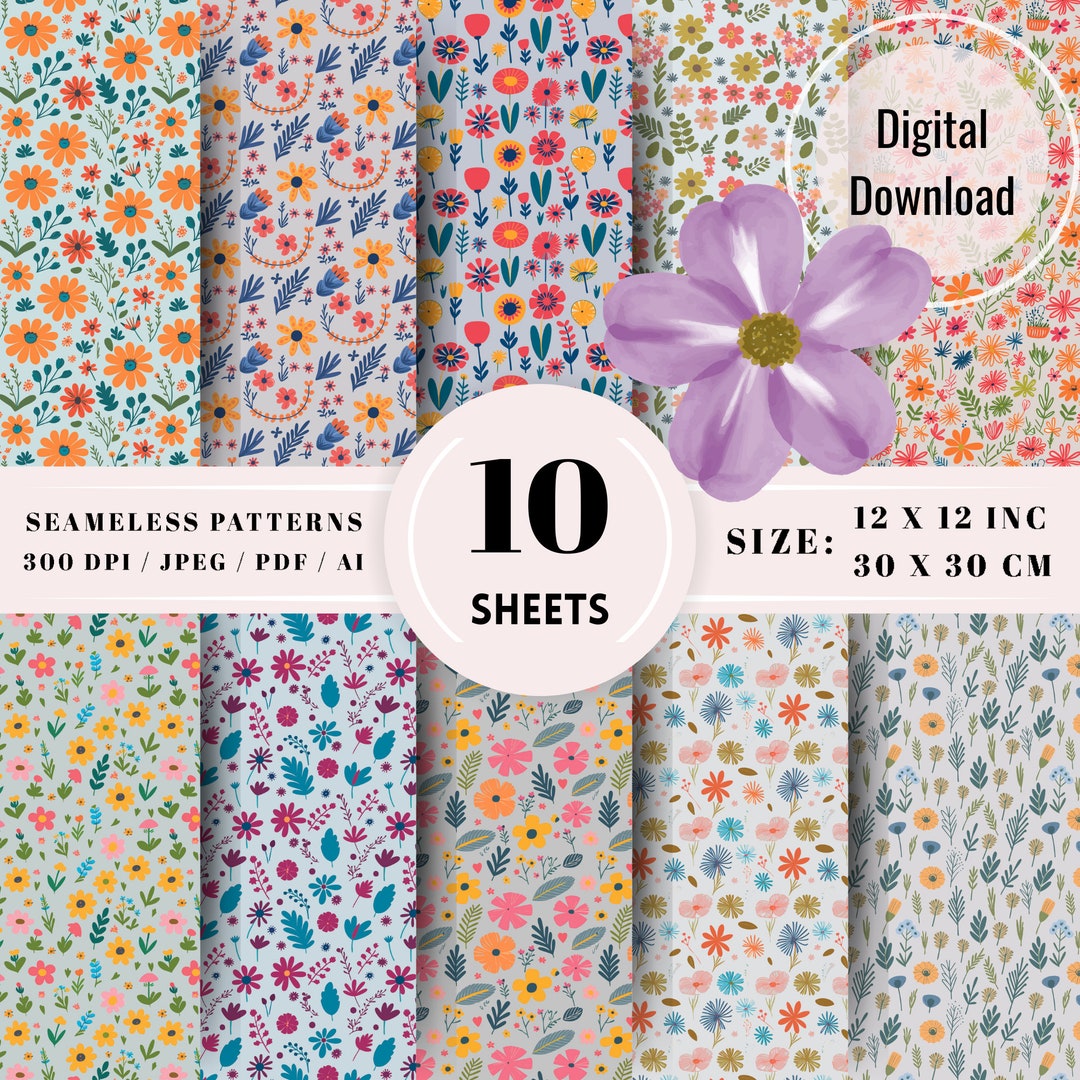Hand-drawn Flower Pattern Digital Paper Pack Includes 10 Sheets in AI ...