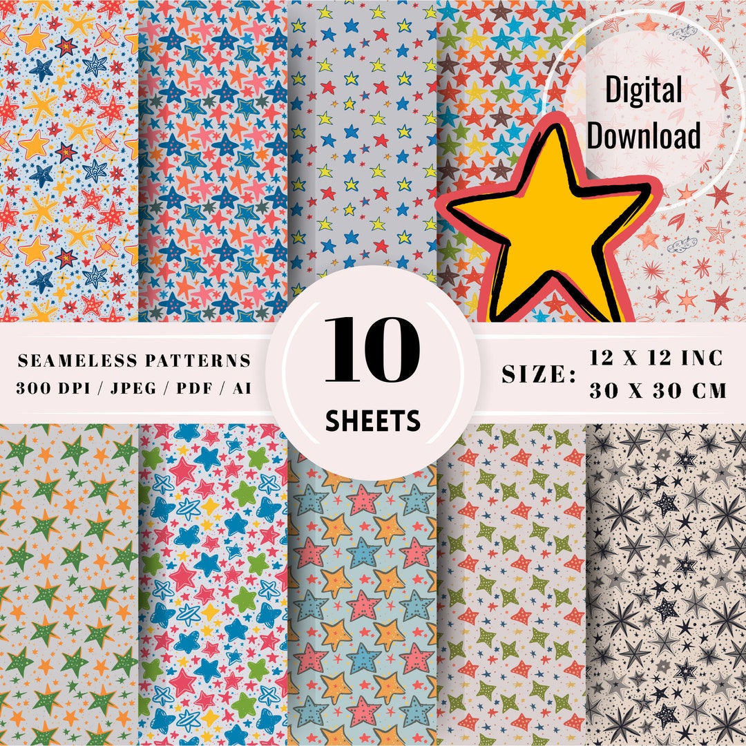 Original Hand-drawn Star Pattern Digital Paper Pack Includes 10 Sheets ...