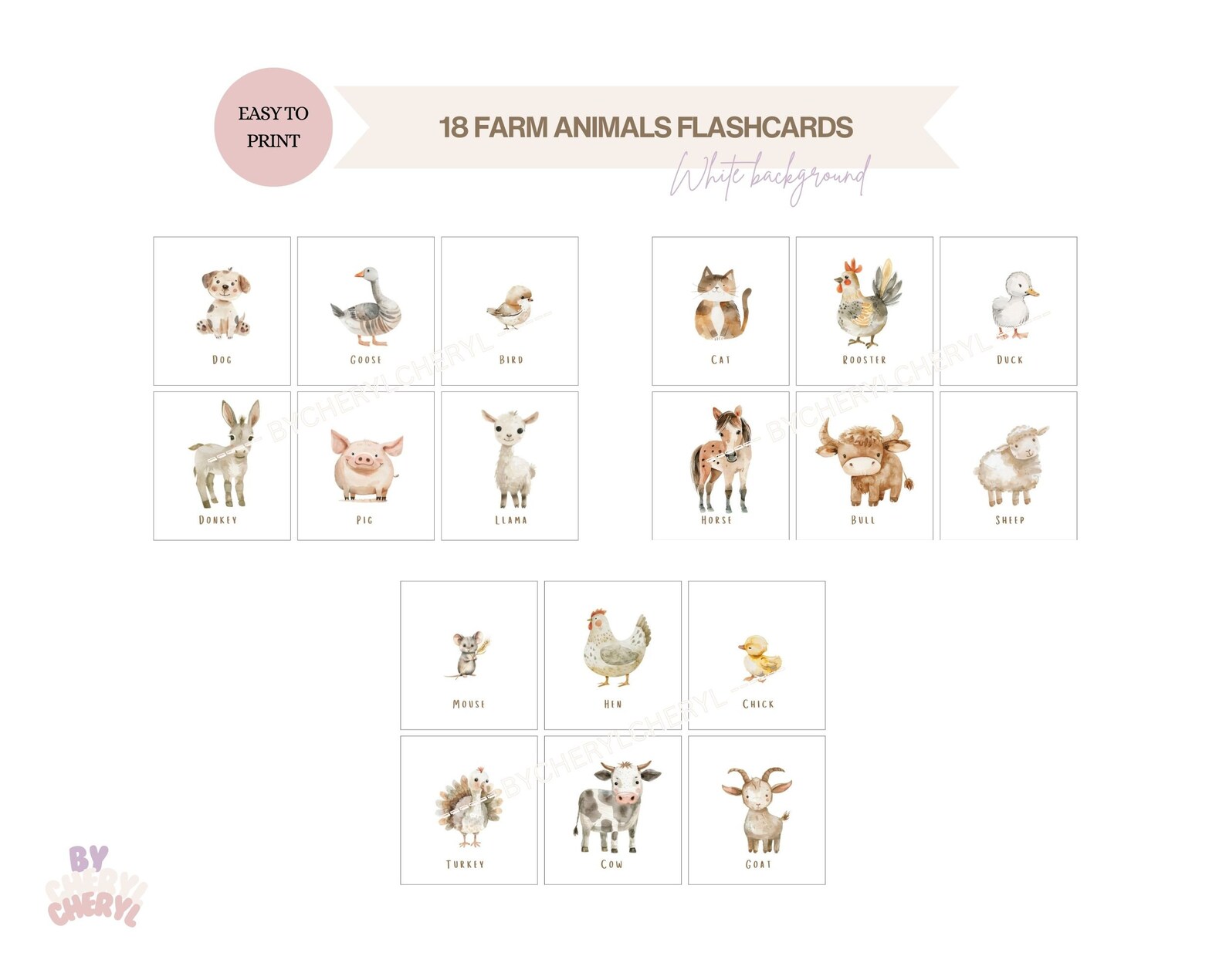 Farm Animals Cards, Montessori Flash Cards, Pre-school Cards, Colourful ...