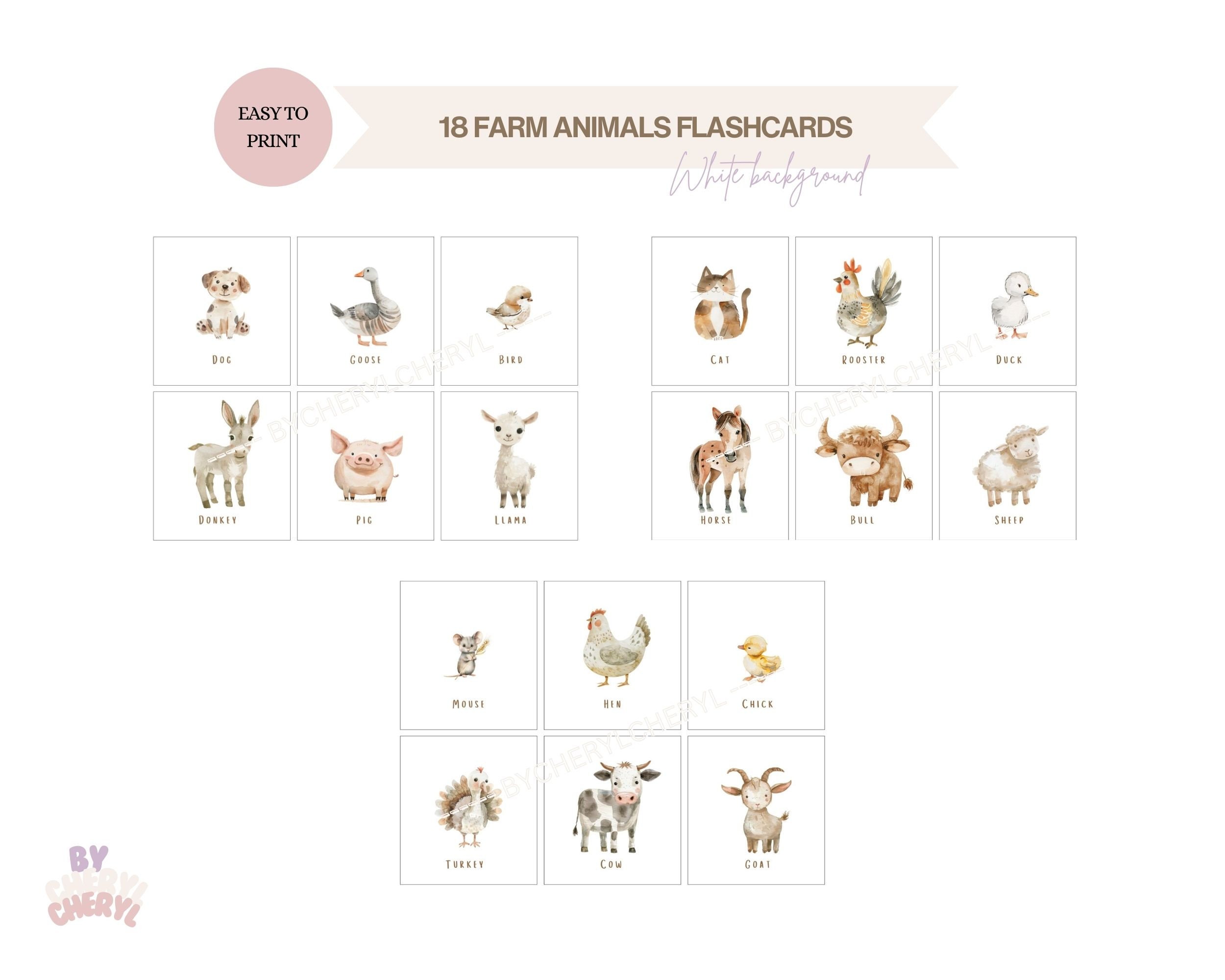 Farm Animals Cards, Montessori Flash Cards, Pre-school Cards, Colourful ...