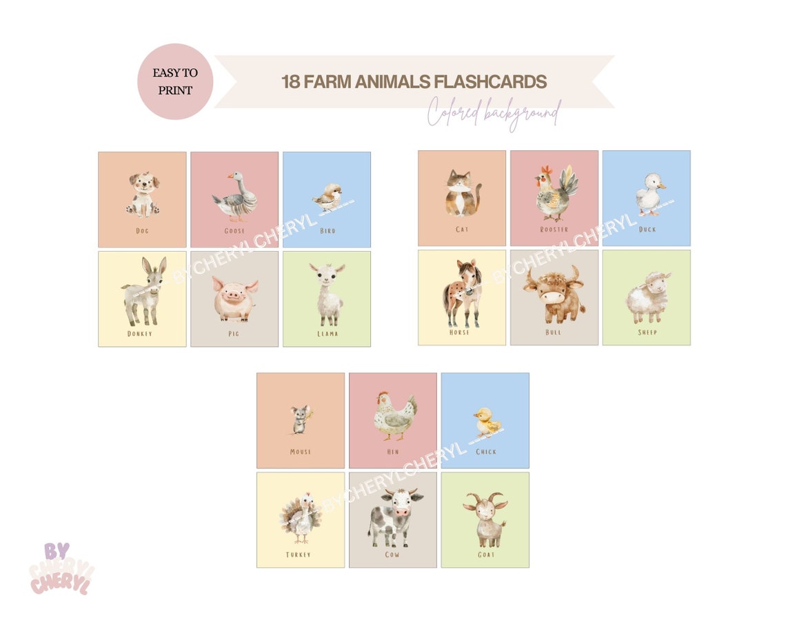Farm Animals Cards, Montessori Flash Cards, Pre-school Cards, Colourful ...