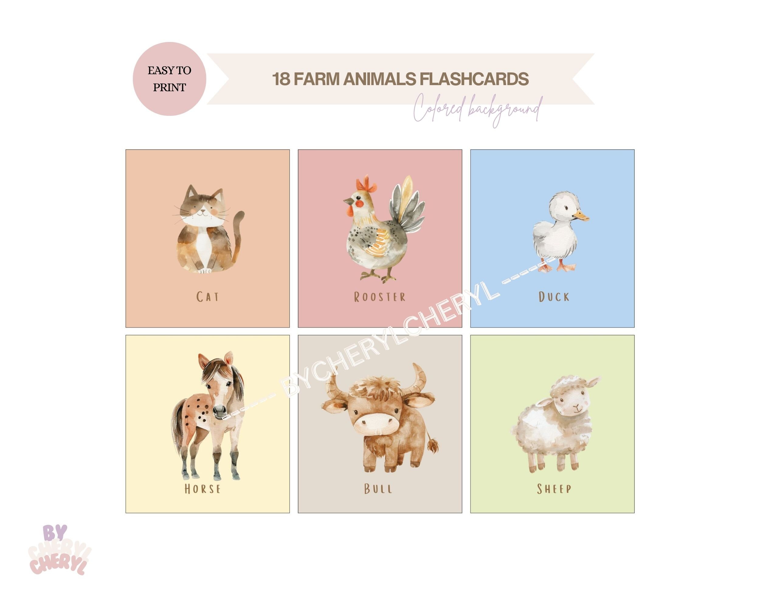 Farm Animals Cards, Montessori Flash Cards, Pre-school Cards, Colourful ...