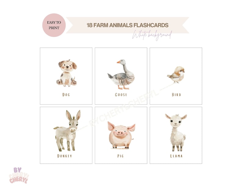 Farm Animals Cards, Montessori Flash Cards, Pre-school Cards, Colourful ...