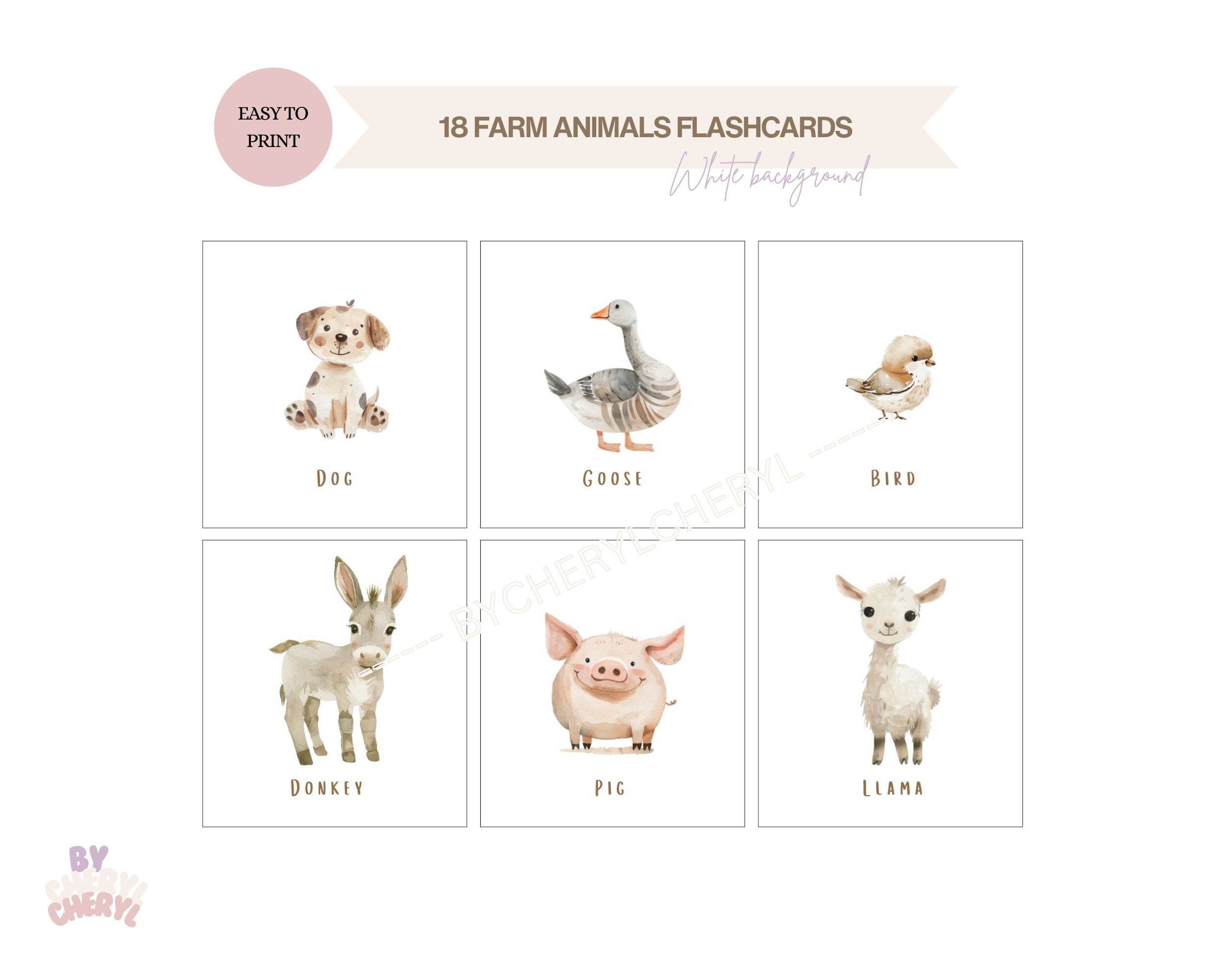 Farm Animals Cards, Montessori Flash Cards, Pre-school Cards, Colourful ...