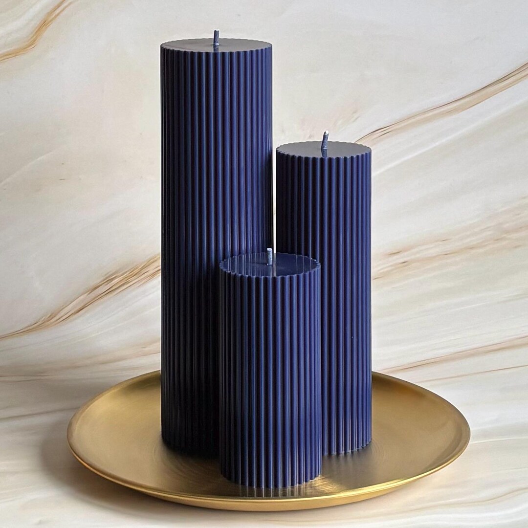 Large Navy Blue Tall Ribbed Scented Pillar Candles - Handmade Home ...