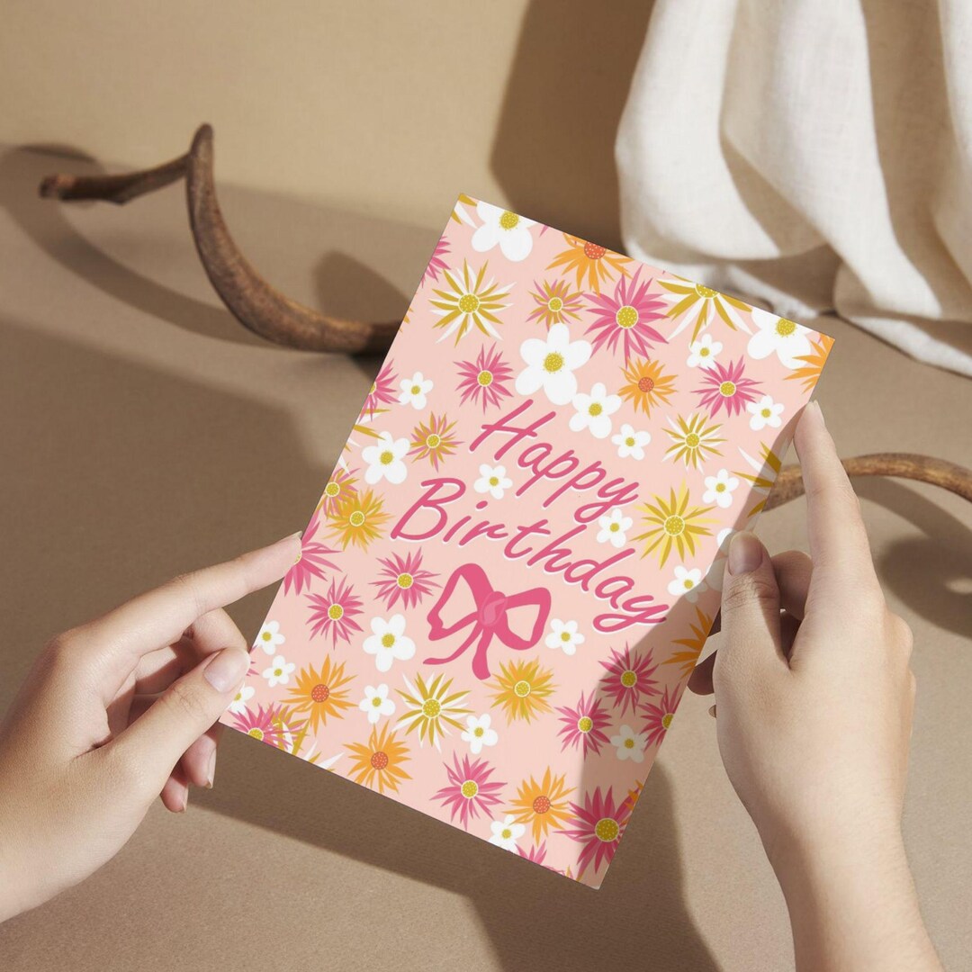 Floral Happy Birthday Card for Her – Cute Pink Daisy Birthday Greeting ...