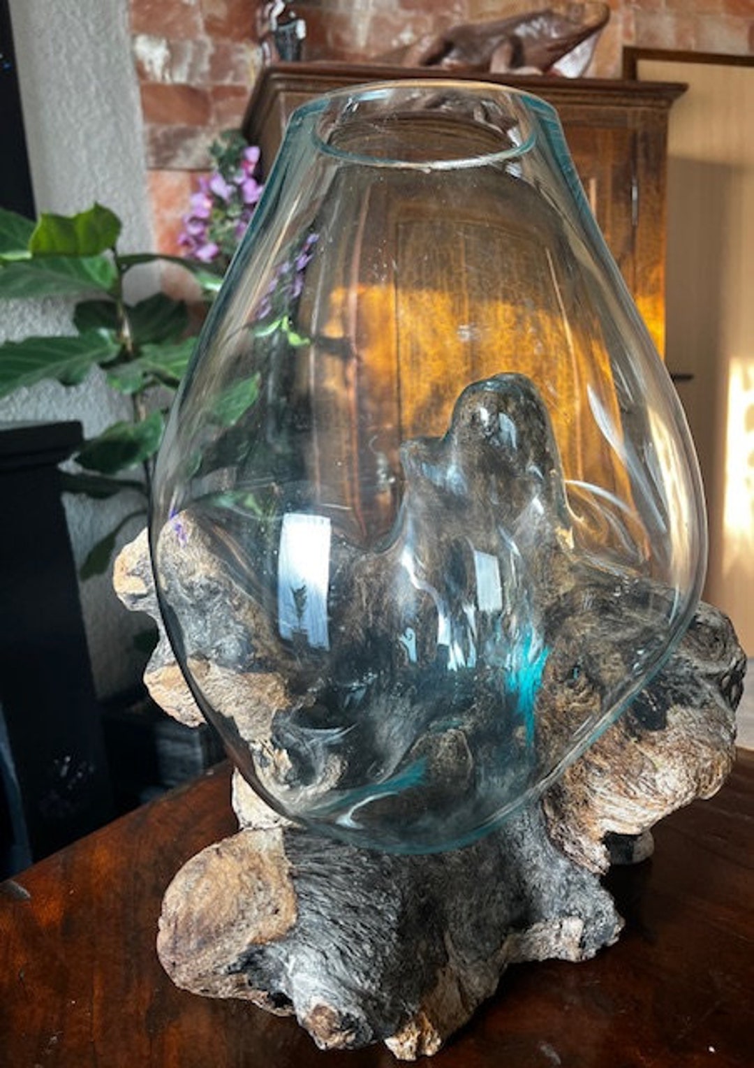 Burl Wood Glass Vase Flower Vases Gamalwood Handmade Height 41 Cm Root Wood Glass Natur Home ...