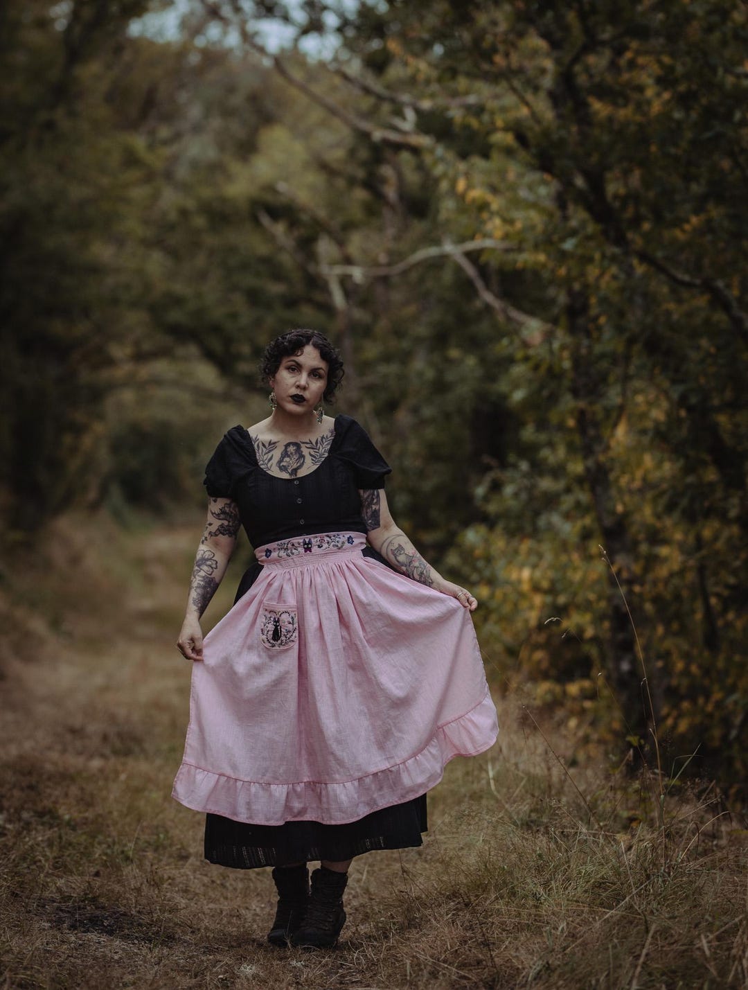 Folkcore Fabric Apron Light Pink Linen Hand Embroideries Pocket Cat ...