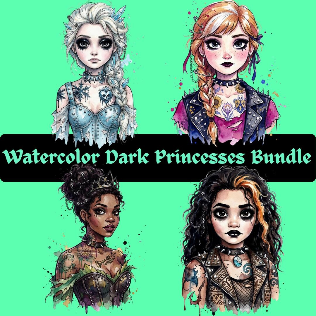 Watercolor Disney Punk Princess PNG Bundle - Rock & Metal Style Clipart ...