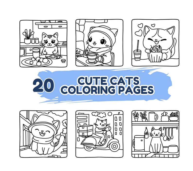 Cute Cats Coloring Pages Stress Relief Set for All Ages, Downloadable ...