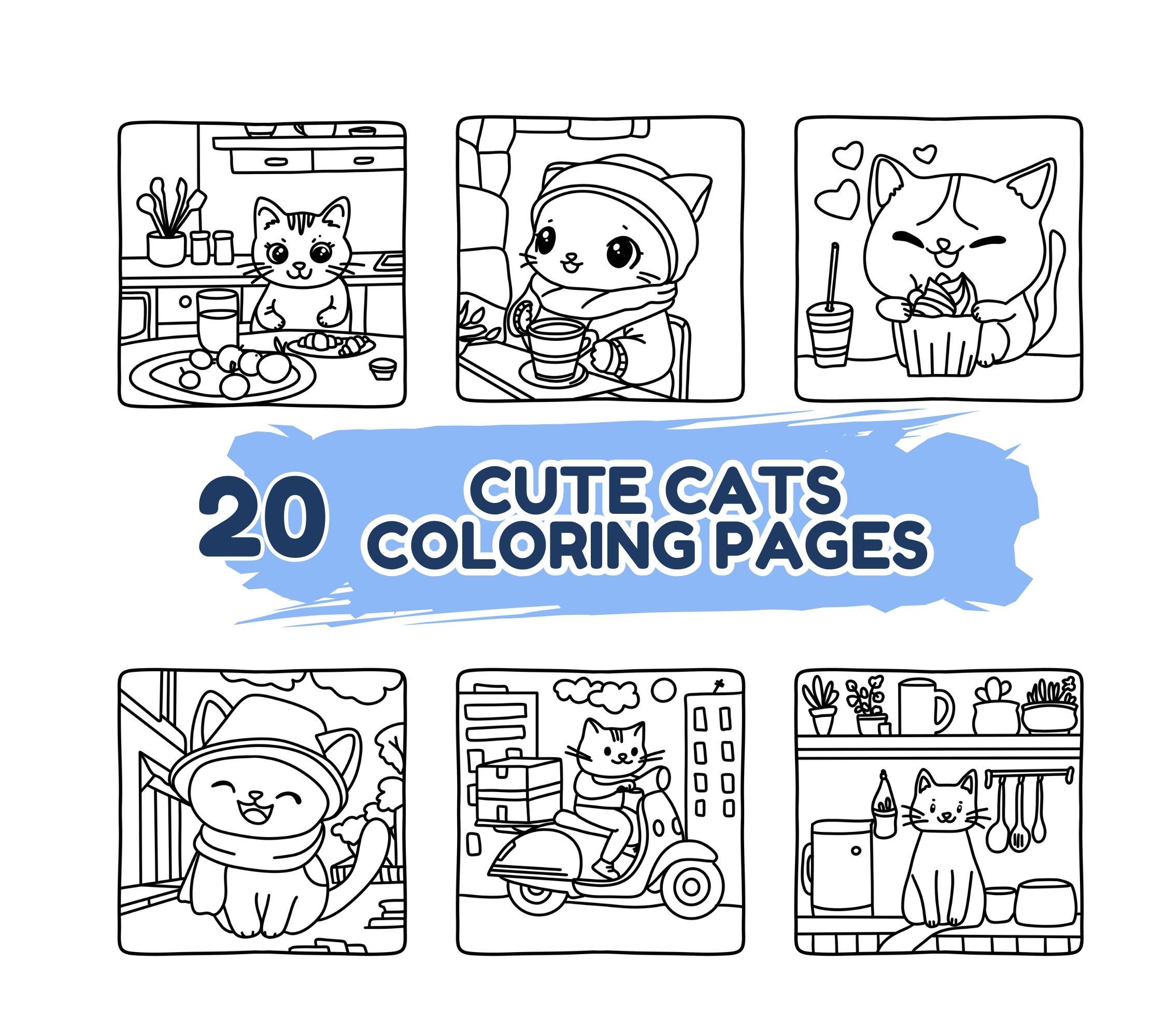 Cute Cats Coloring Pages – Stress Relief Set for All Ages, Downloadable ...