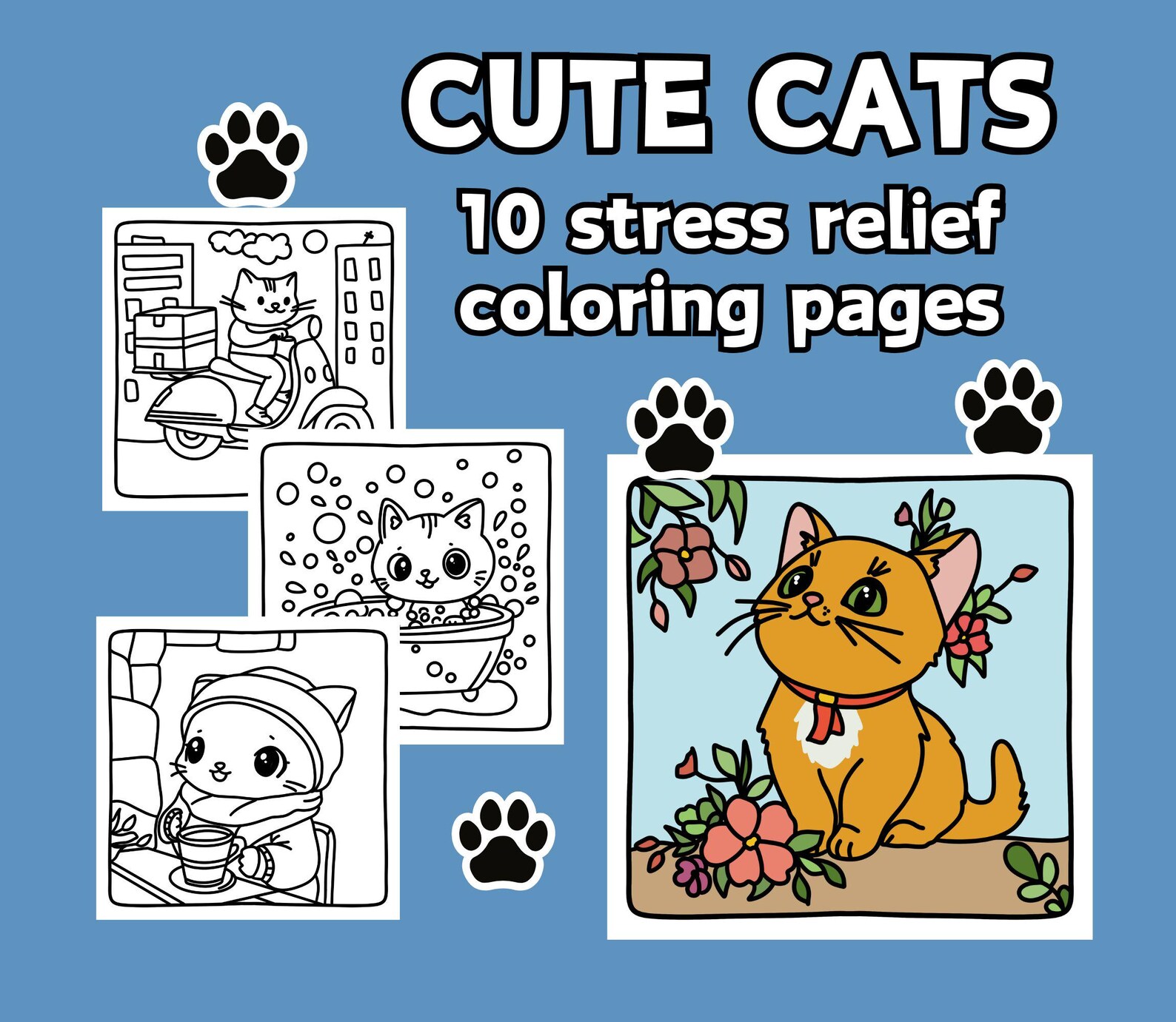 Cute Cats Coloring Pages – Stress Relief Set for All Ages, Downloadable ...