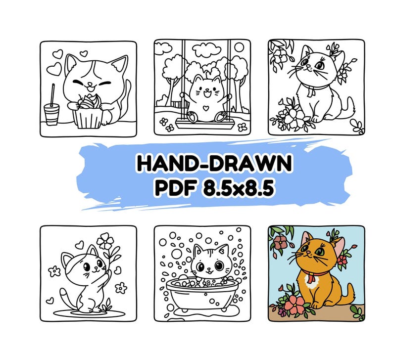 Cute Cats Coloring Pages Stress Relief Set for All Ages, Downloadable ...