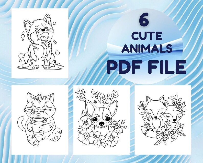 Digital 6 Coloring Pages With Cute Animals, Printable PDF Coloring ...