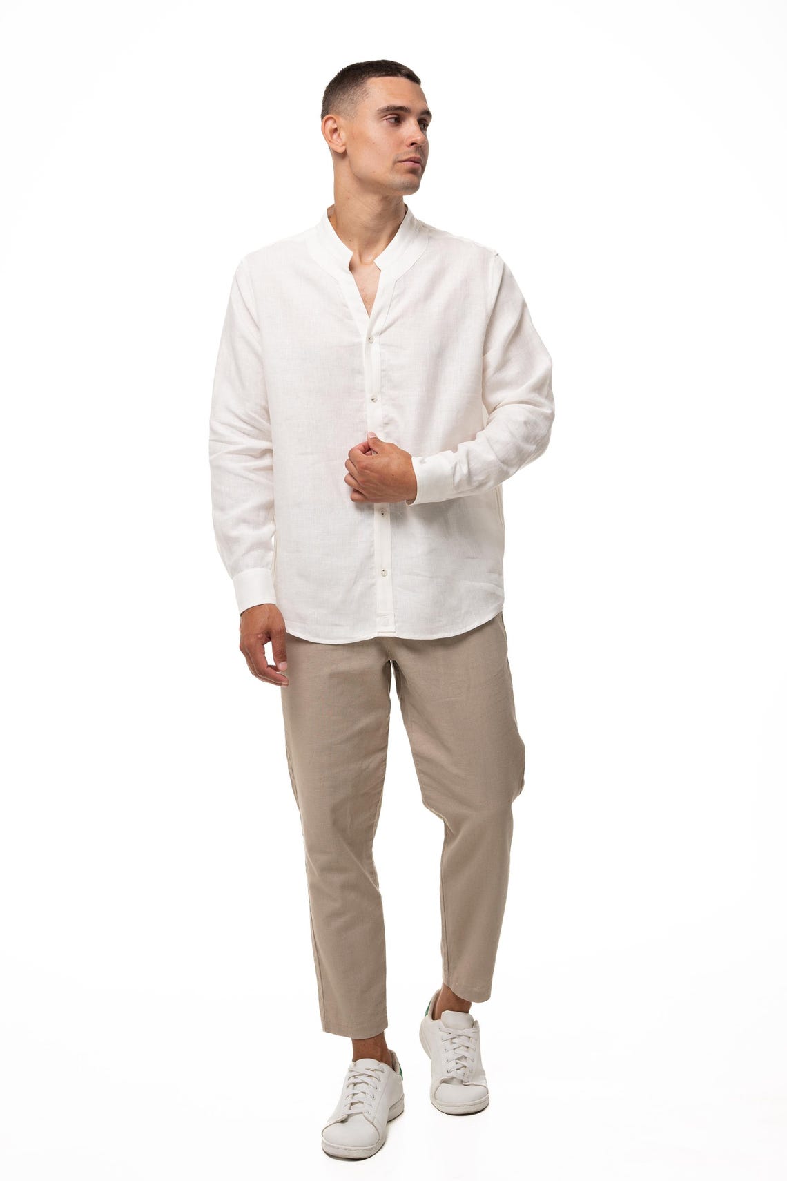 Men Shirt Belgium 100% Linen V Shape Collar Loose Fit, Soft Touch, Long ...