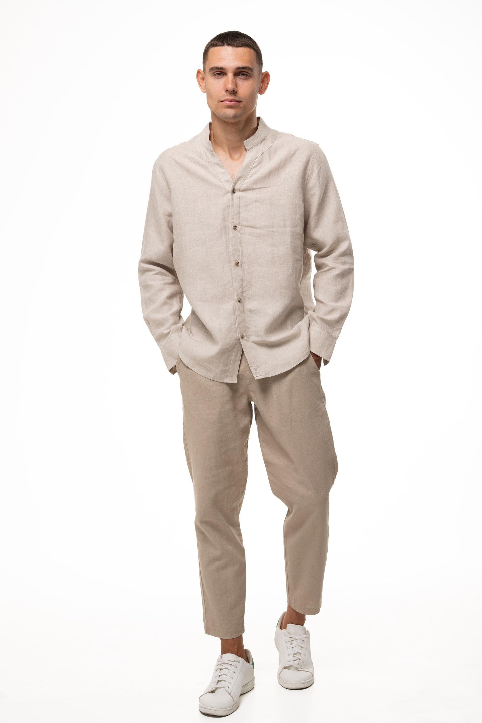 Men Shirt Belgium 100% Linen V Shape Collar Loose Fit, Soft Touch, Long ...