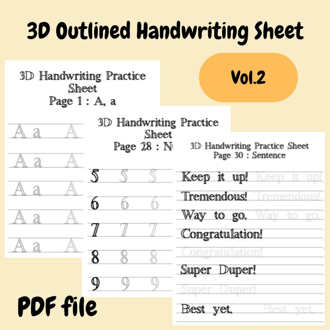 3D Hand Written Practice Sheet, 3D Lettering Work Sheet, 3D Outlined ...