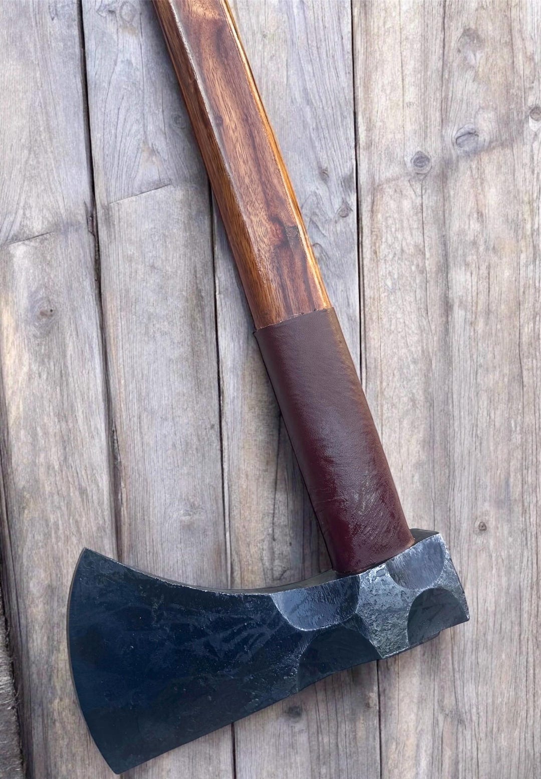 Hand-forged Viking Axe With Hammer Poll – Walnut Handle, Leather ...