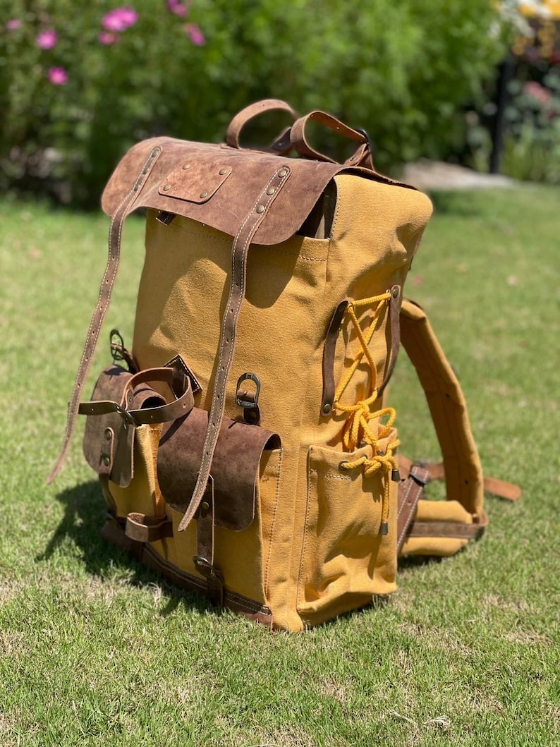 Handmade 40L Waxed Canvas Backpack: Genuine Leather Camping Hiking Bag ...