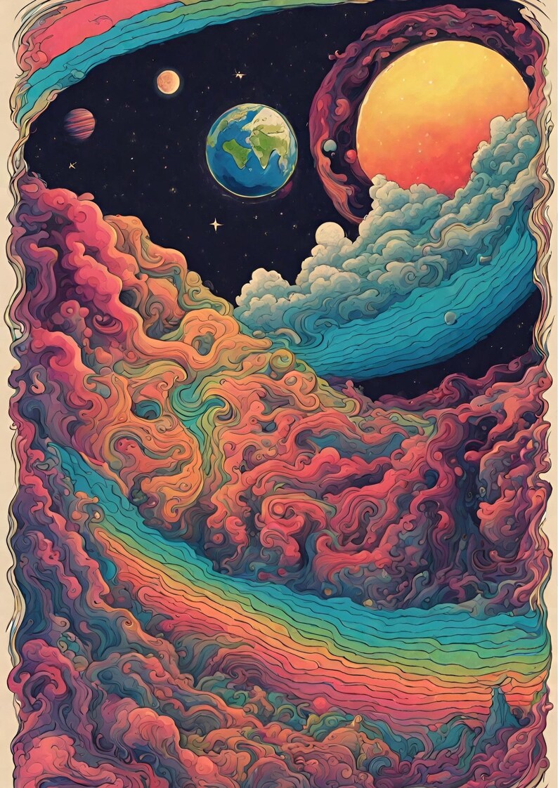 Digital print Psychedelic Universe Earth & Moon Gallery wall art poster ...