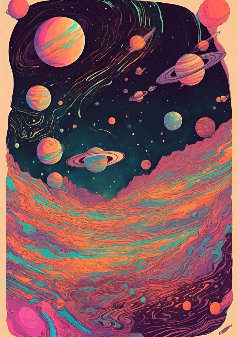 Digital print Psychedelic Planets Gallery wall art - Etsy Nederland