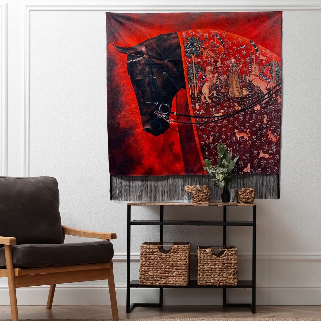 Horse With Unicorn Medieval Tapestry With Woven Fringe - Boho Black ...