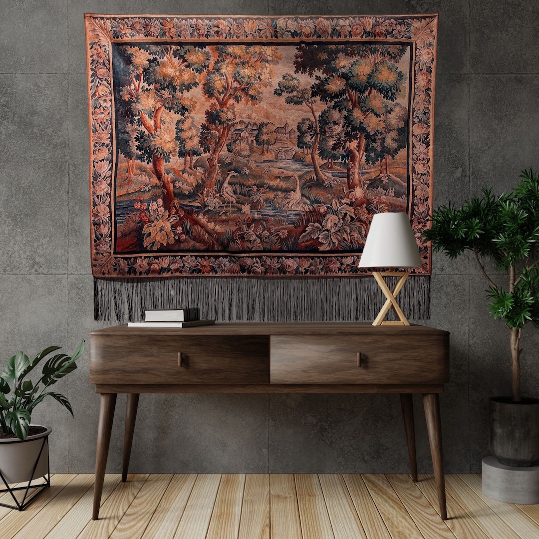 Nature Scenery Medieval Tapestry With Woven Fringe - Antique Tapestry ...