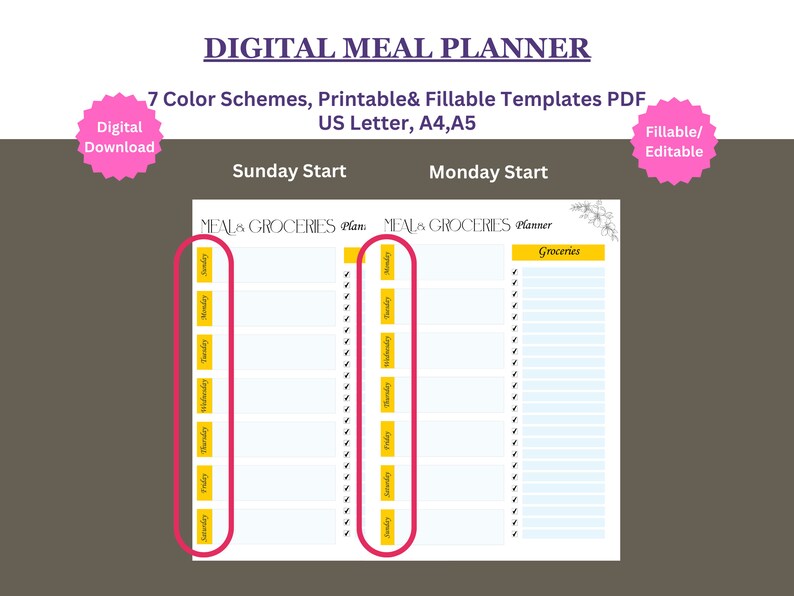 Ultimate Weekly- Meal Planner Template, Printable/ Editable -7 Colors ...