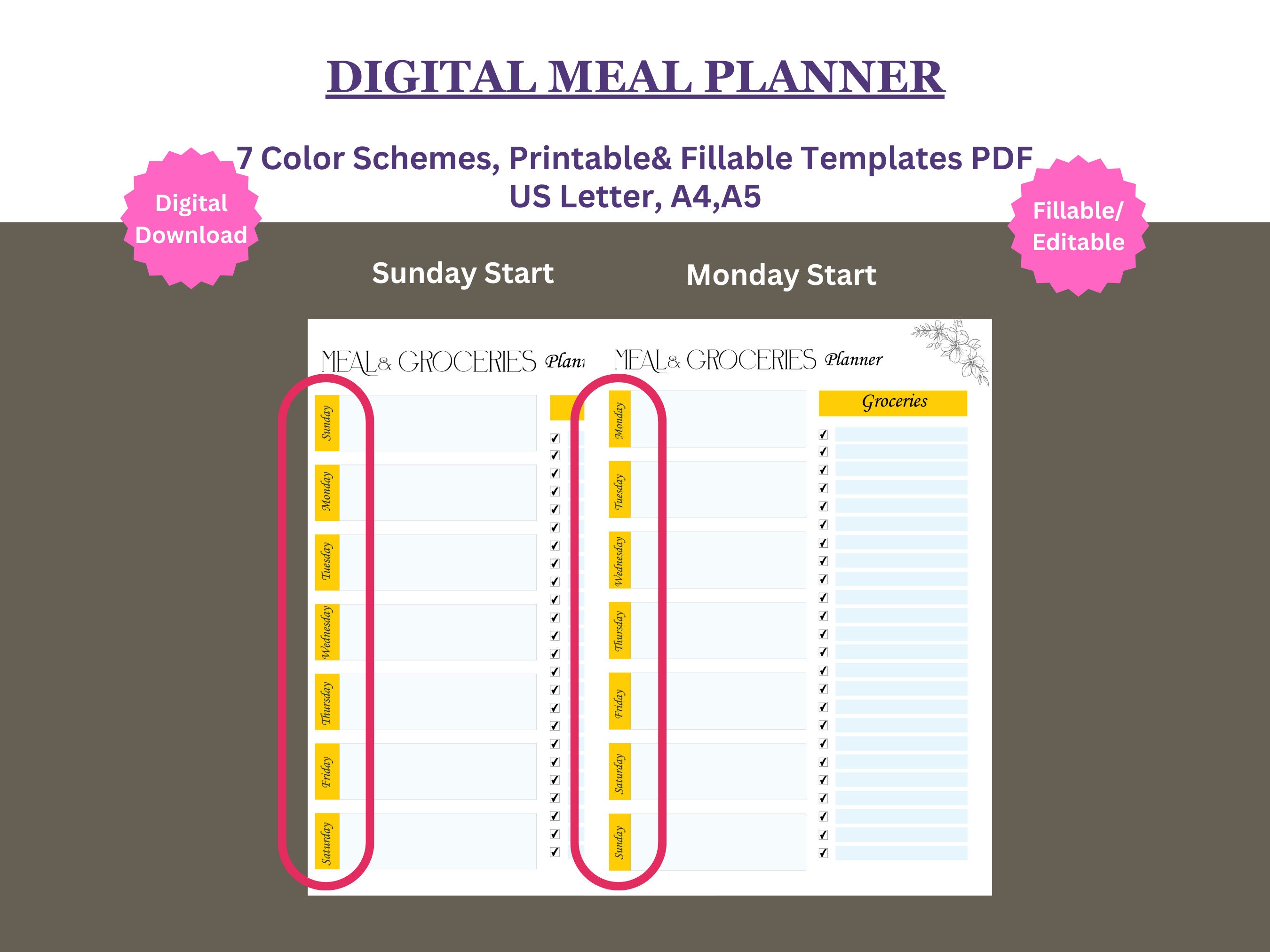 Ultimate Weekly- Meal Planner Template, Printable/ Editable -7 Colors ...