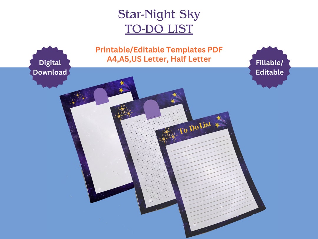 Star Night Sky to Do List -printable/ Editable ,A4, A5, US Letter, Half ...