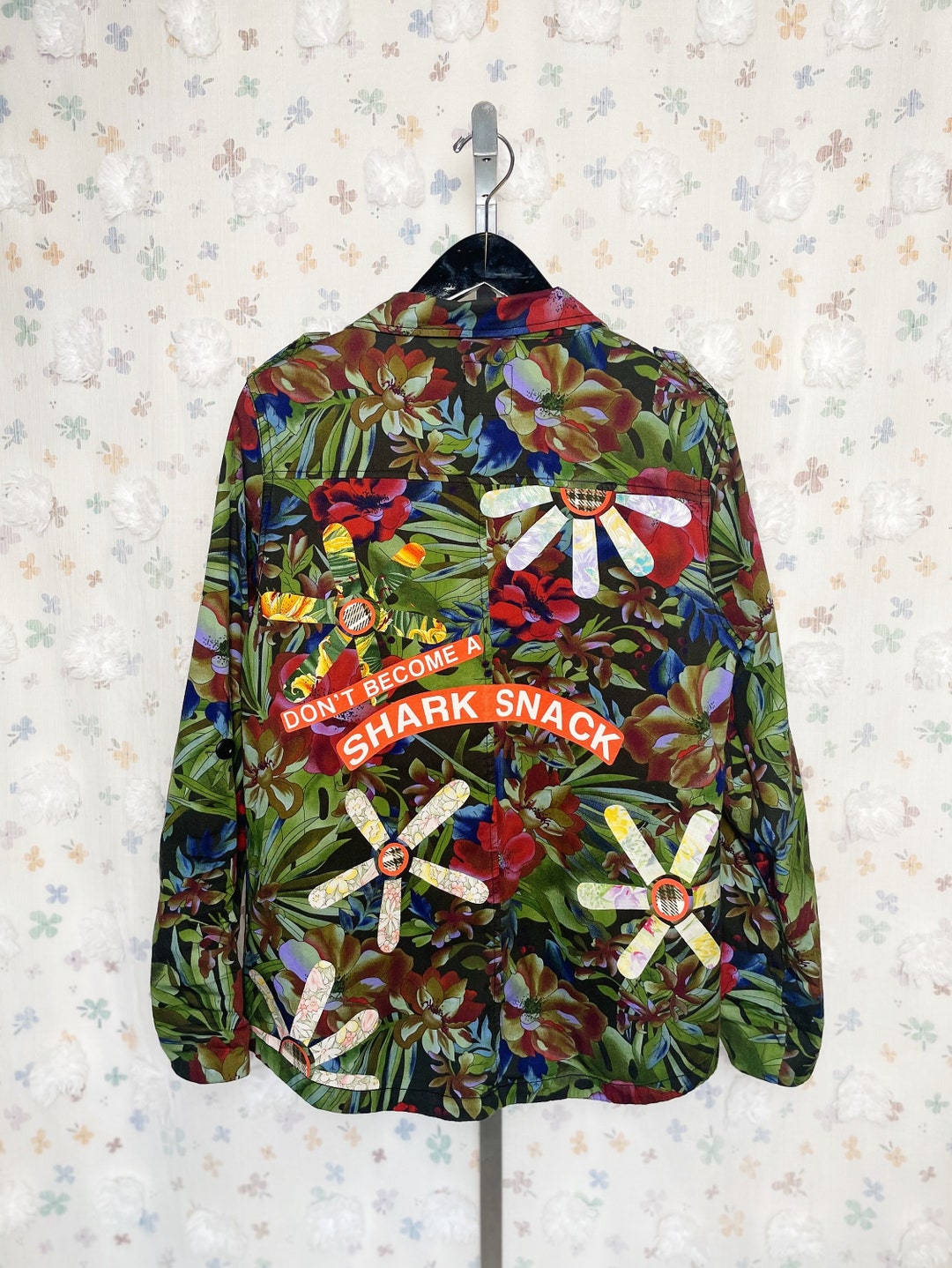 Custom Upcycled Floral Palm Jacket - Don’t Become a Shark Snack - Swim ...